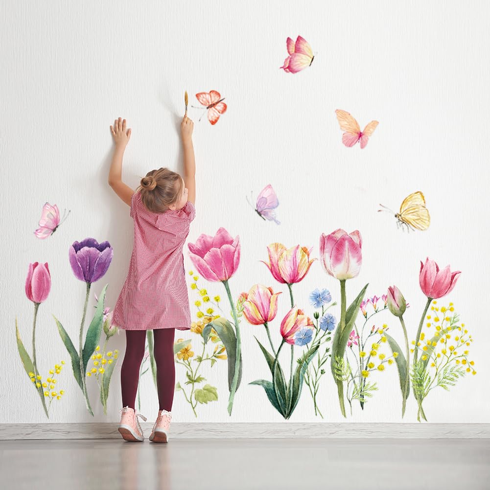 Tulip Flowers Wall Decals Watercolor Floral Butterfly Wall Stickers Co ...